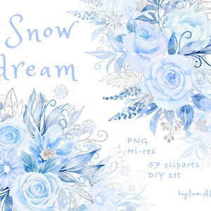 Blue Floral Watercolour Clipart, Winter Flower PNG, Blue Snow Clipart ...