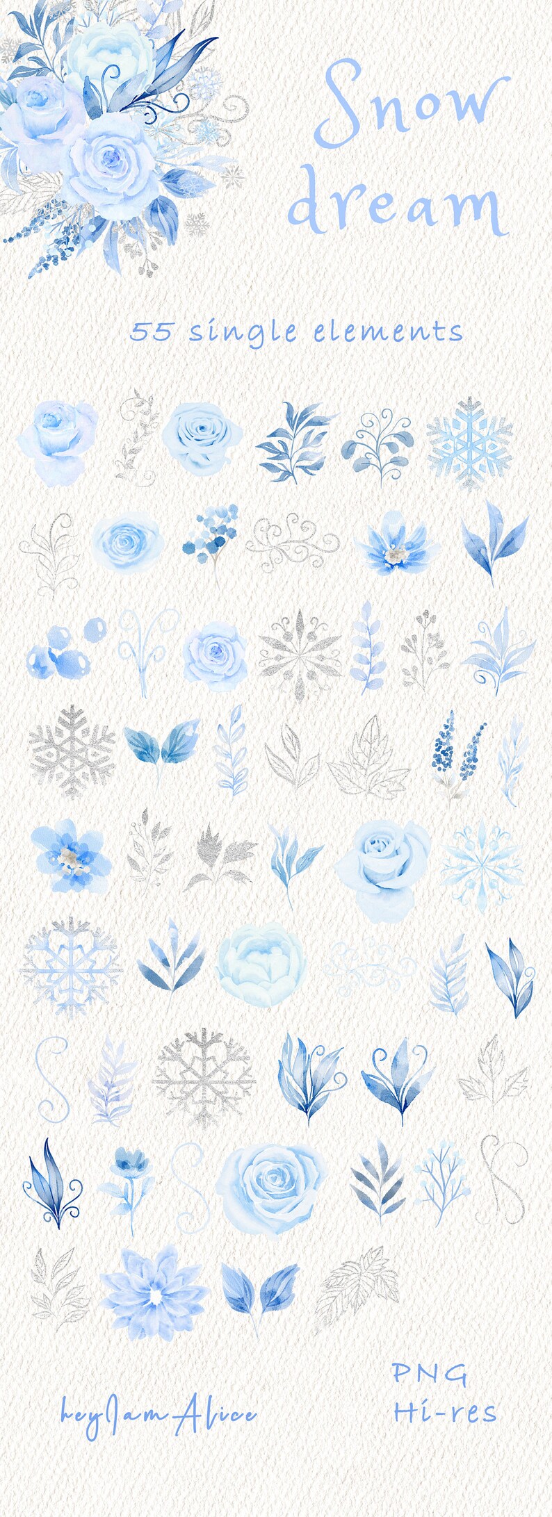 Blue Floral Watercolour Clipart Winter Flower PNG Blue Snow - Etsy