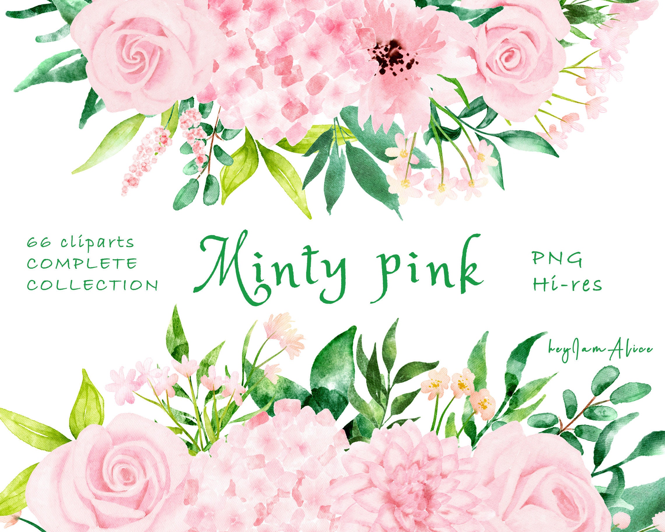 Pink mint watercolor flower clipart pink floral png FREE | Etsy