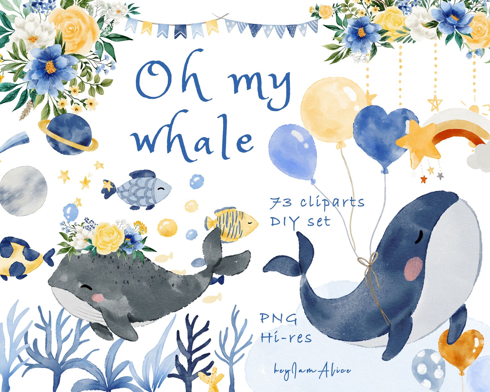Whale Clipart, Watercolor Ocean Graphic, Cute Sea Animal PNG, Under the ...