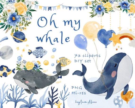 Whale clipart watercolor ocean graphic cute sea animal PNG | Etsy