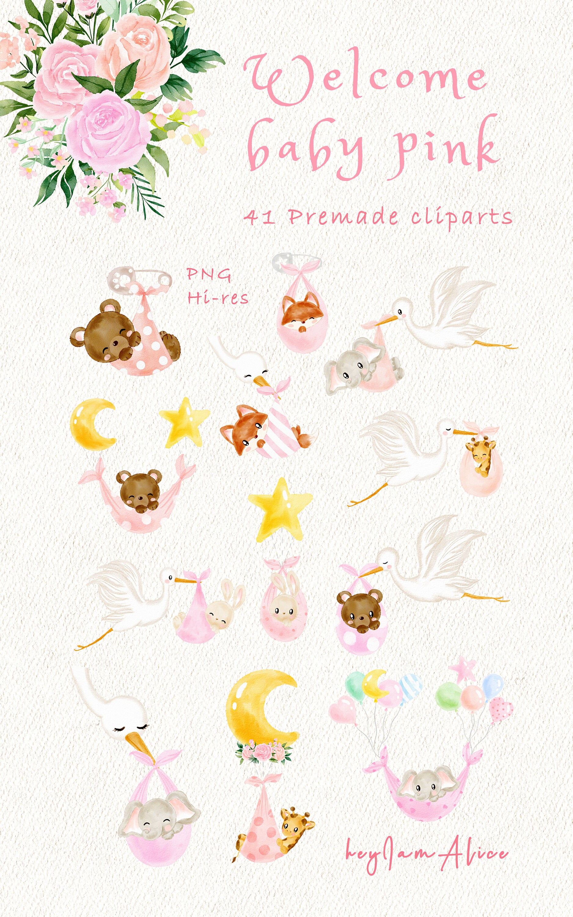 Welcome Baby watercolor clipart baby animal nursery pink | Etsy