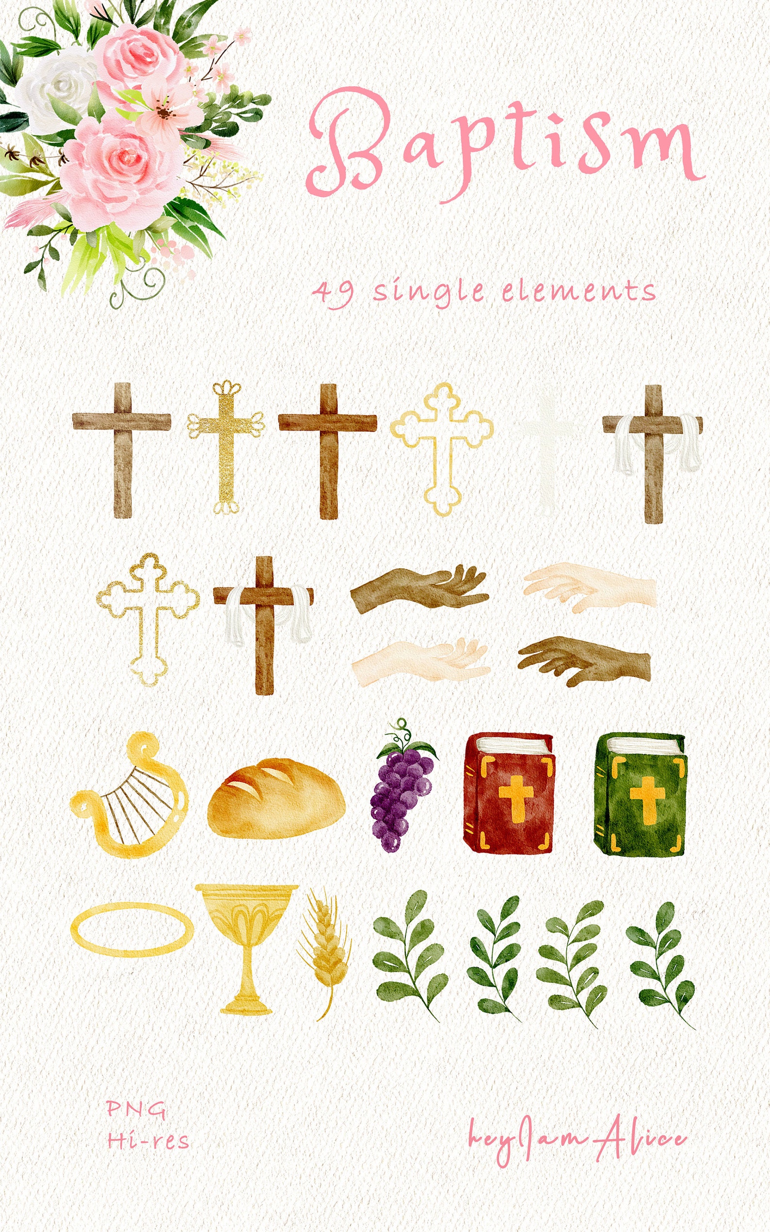 Baptism Clipart, Floral Cross Graphic PNG, First Communion Clipart ...