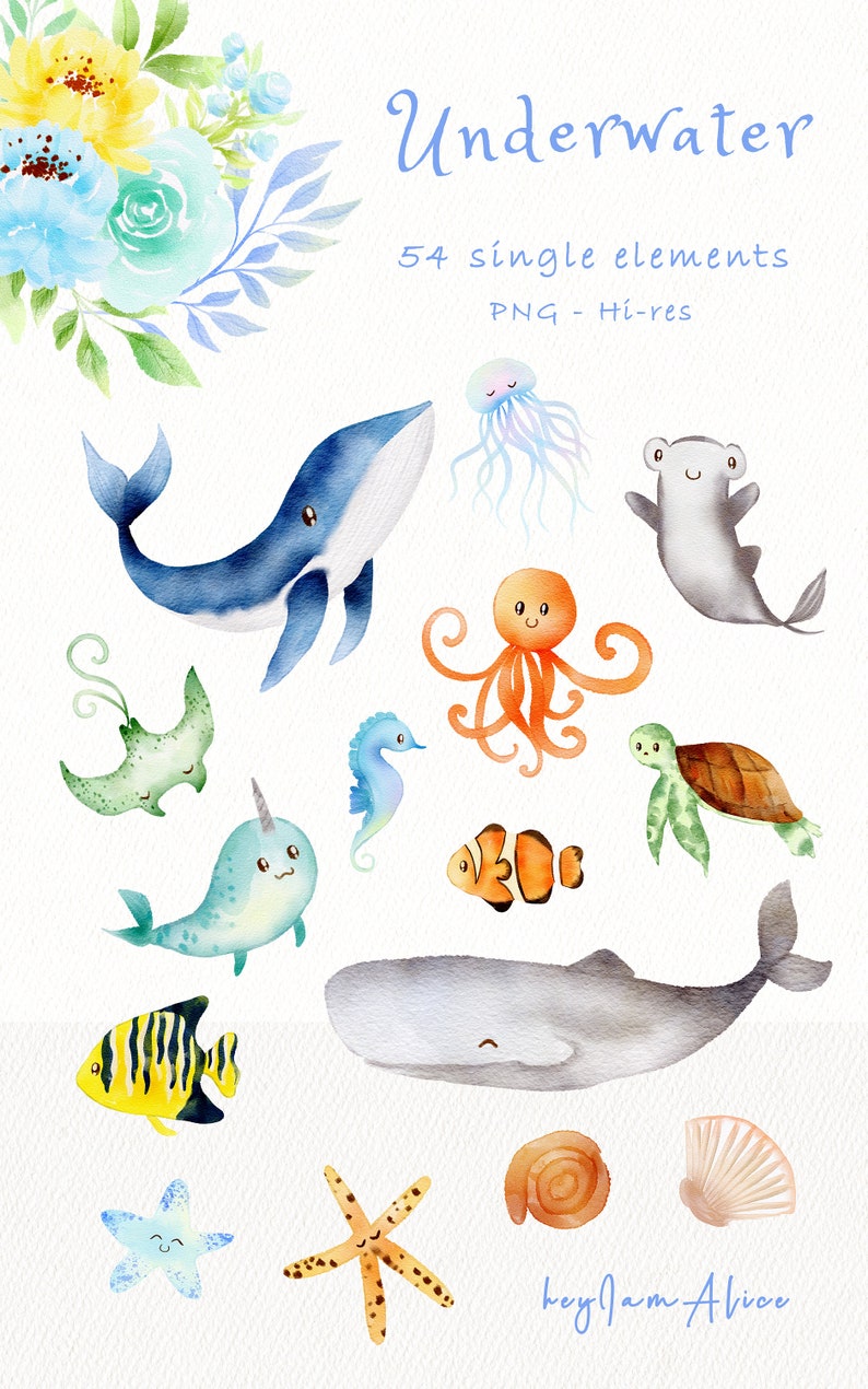 Underwater Clipart, Watercolor Sea Animal Clipart, FREE COMMERCIAL Use ...