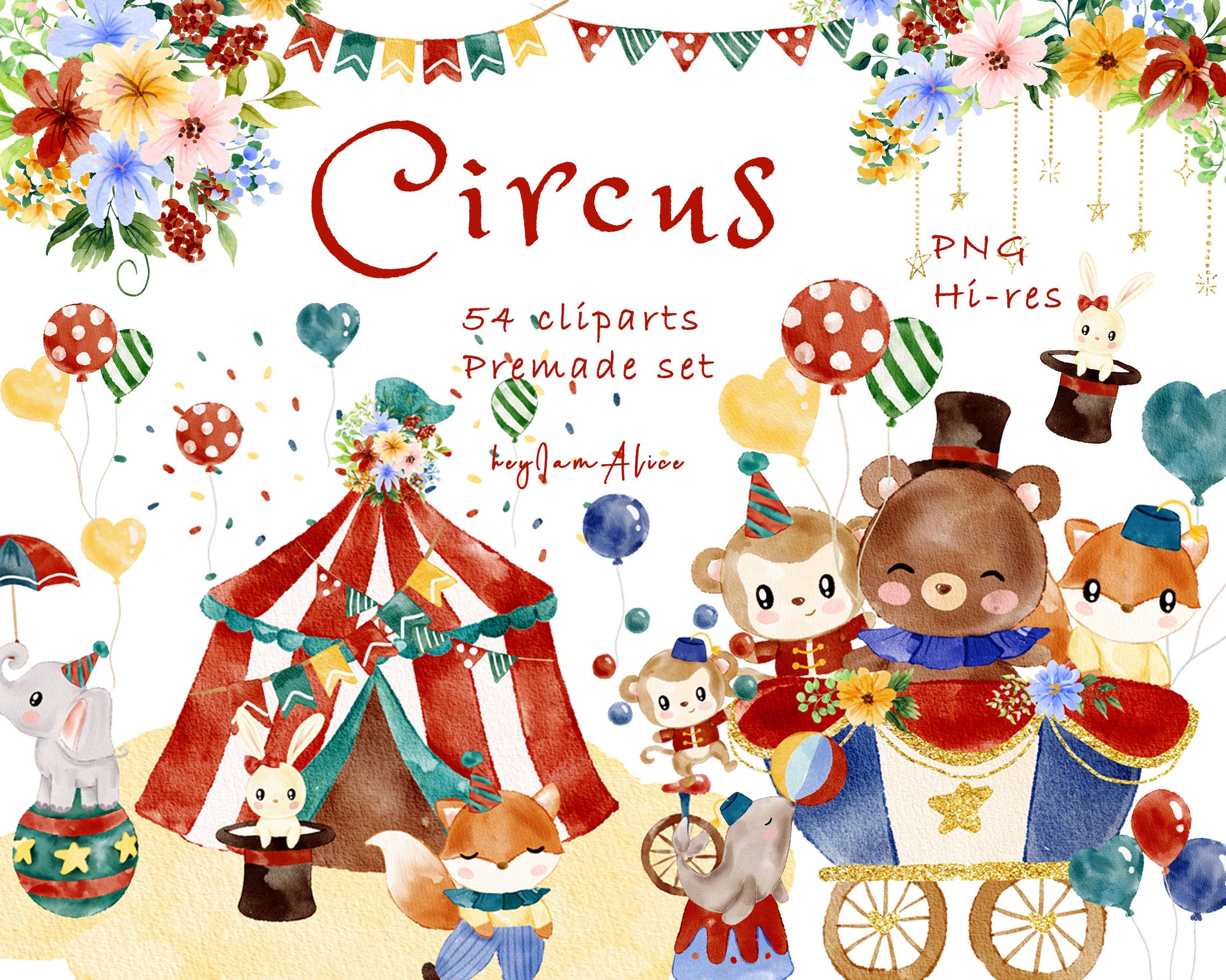 Circus Watercolor Clipart Red Circus Graphics Baby Animal - Etsy