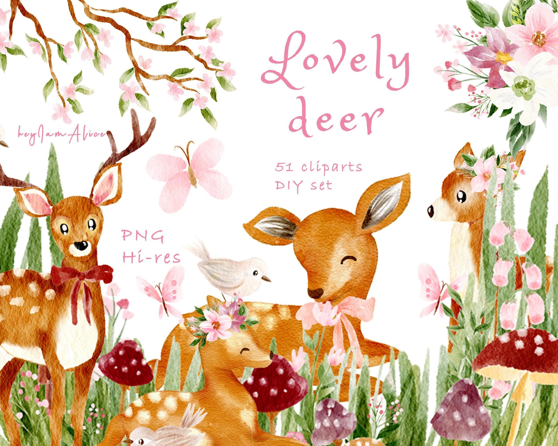 Baby deer clipart pink watercolor deer PNG FREE COMMERCIAL | Etsy