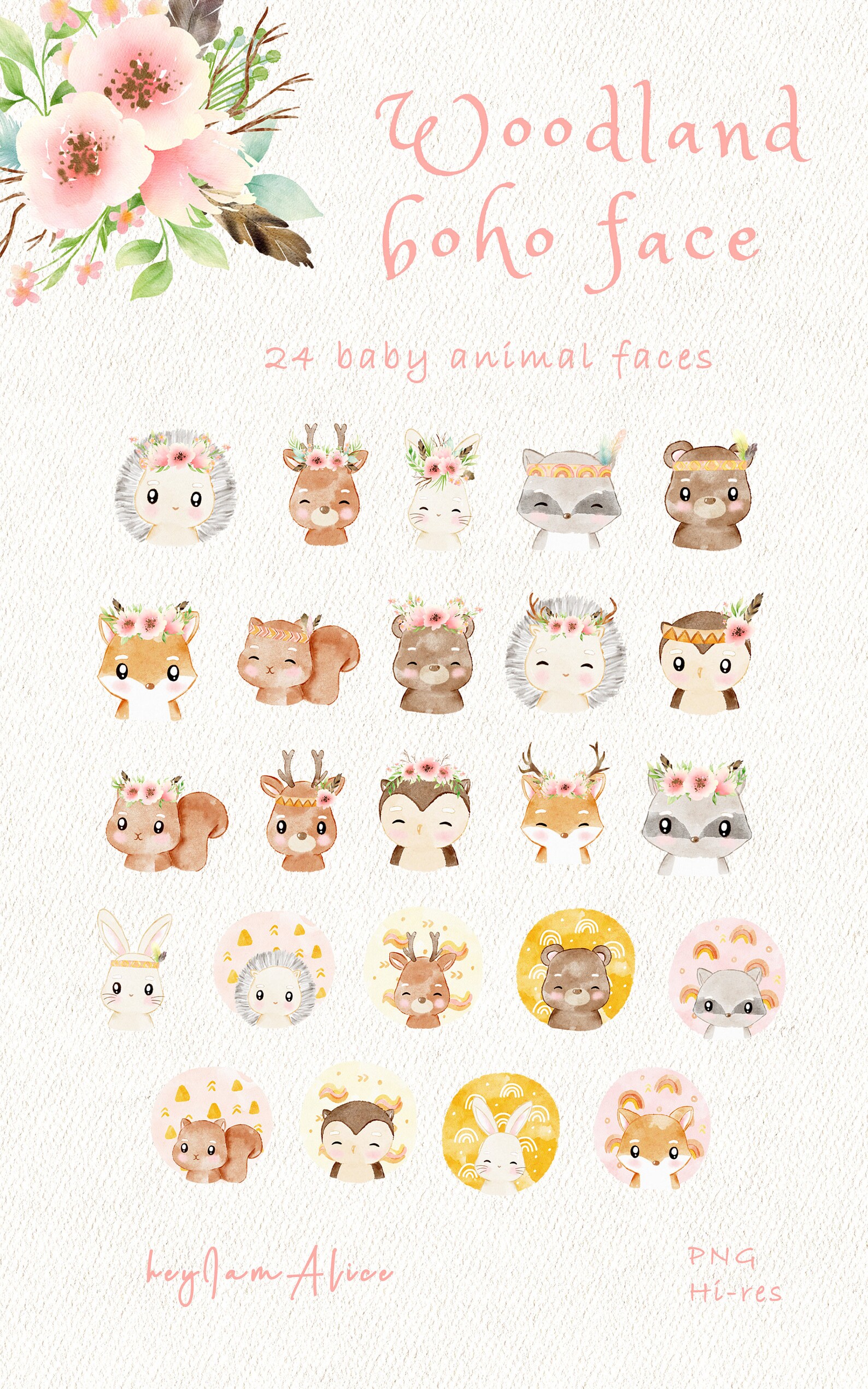 Boho Tribal Baby Animal Face Clipart Watercolor Feather and | Etsy