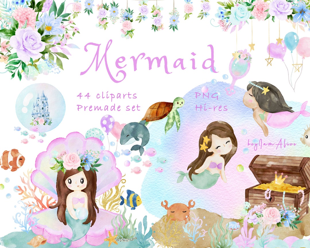 Mermaid Clipart, Little Mermaid Watercolor Graphic, Nursery Clipart ...