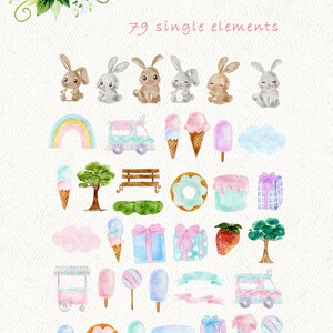 Bunny Watercolour Clipart, Ice Cream Graphic PNG, Baby Birthday Clipart ...