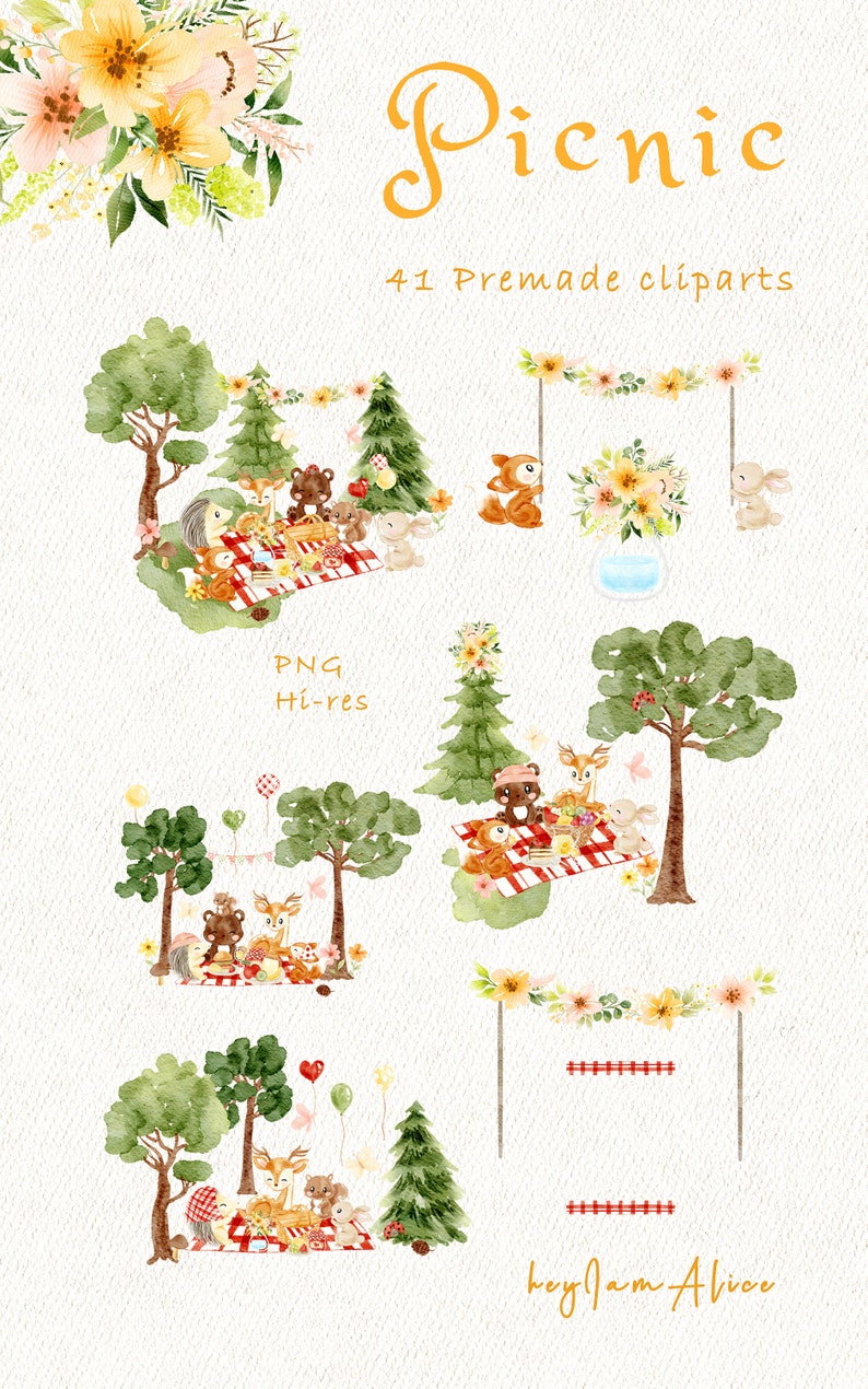 Picnic Woodland Animal Watercolor Clipart, Forest Baby Nursery, Cute ...