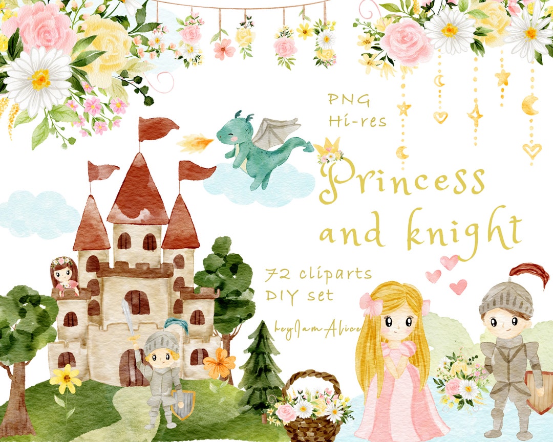 Princess and Knight Watercolor Clipart, Fairy Tale Graphics, Dragon ...