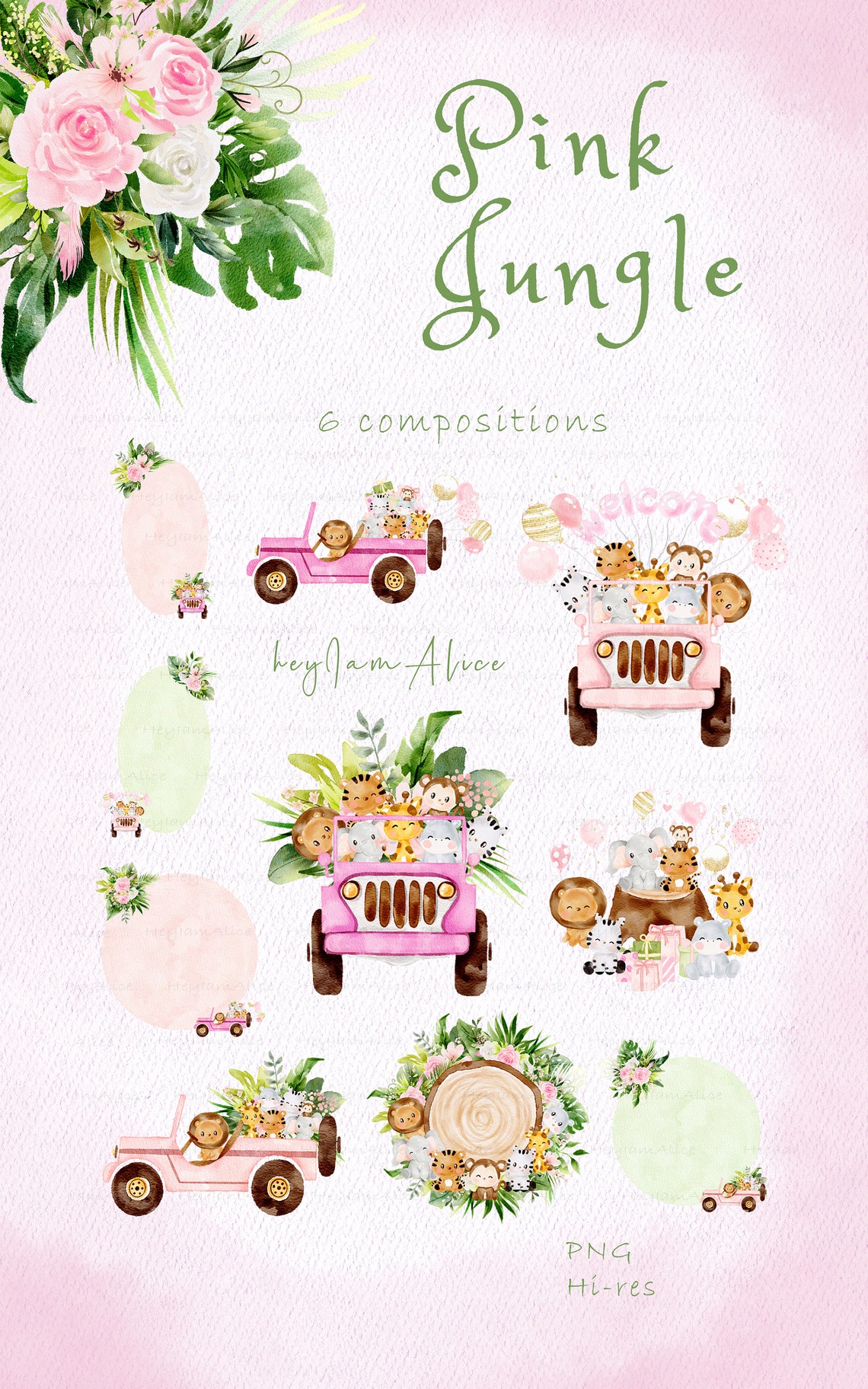 Pink Jungle Watercolor Animal Clipart Jungle Nursery Jungle | Etsy