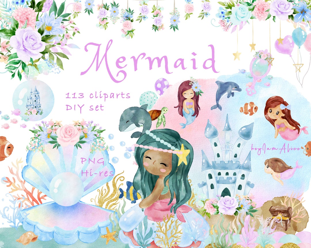 Mermaid Clipart, Little Mermaid Watercolor Graphic, Nursery Clipart ...