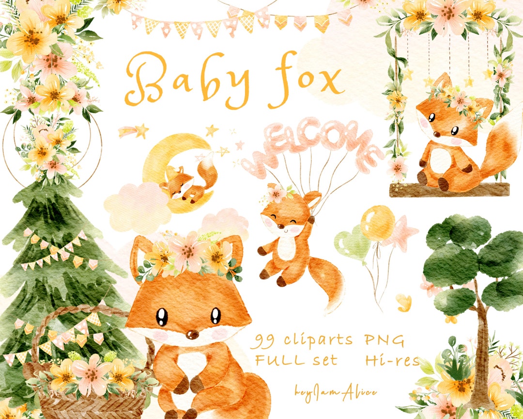 Baby Fox Watercolor Clipart, Woodland Animal PNG, FREE COMMERCIAL Use ...