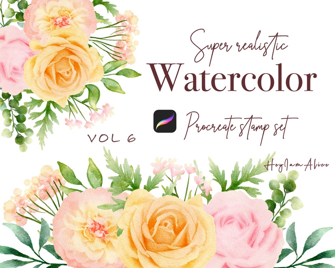 100 Realistic Watercolor Stamp, FREE COMMERCIAL USE, Floral Procreate ...