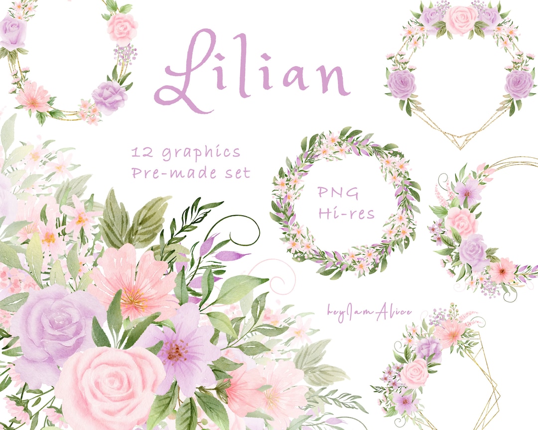 Pink Purple Flower Watercolor Clipart, Soft Pink Floral PNG, Wedding ...