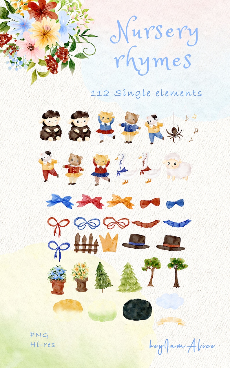 Nursery Rhymes Watercolor Clipart, Mother Goose PNG, Baby Graphics PNG ...