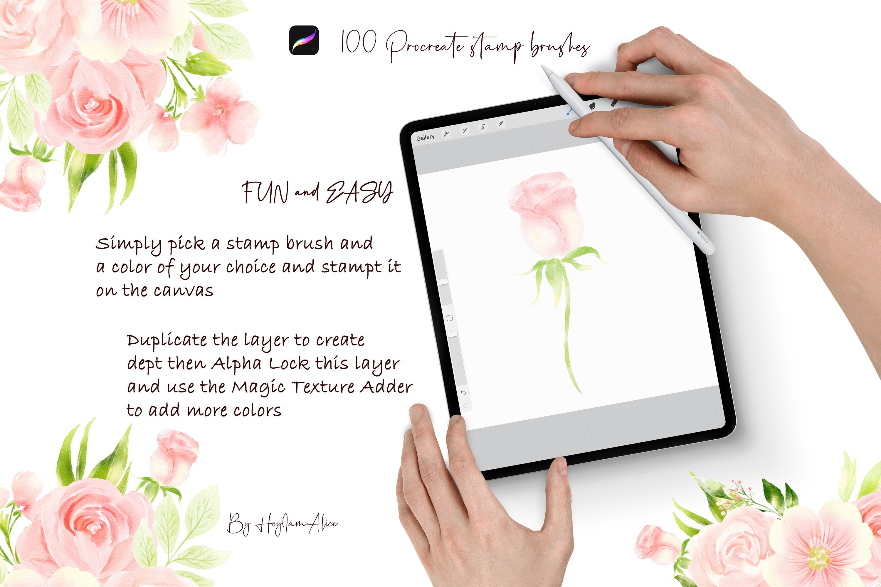 100 Realistic Watercolor Stamp, FREE COMMERCIAL USE, Floral Procreate ...