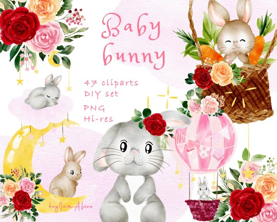 Baby bunny clipart pink watercolor rabbit PNG FREE | Etsy