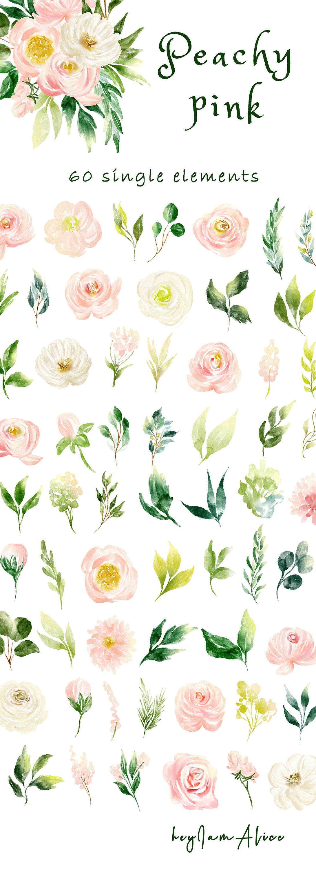 Peach Pink Watercolor Flower Clipart, FREE COMMERCIAL Use, Greenery ...