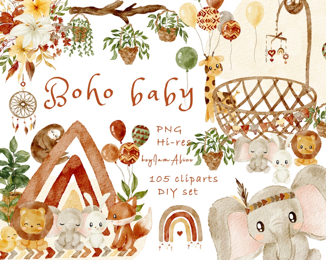 Boho Nursery Clipart, Watercolor Baby Animal Clipart, Newborn Boho Baby ...