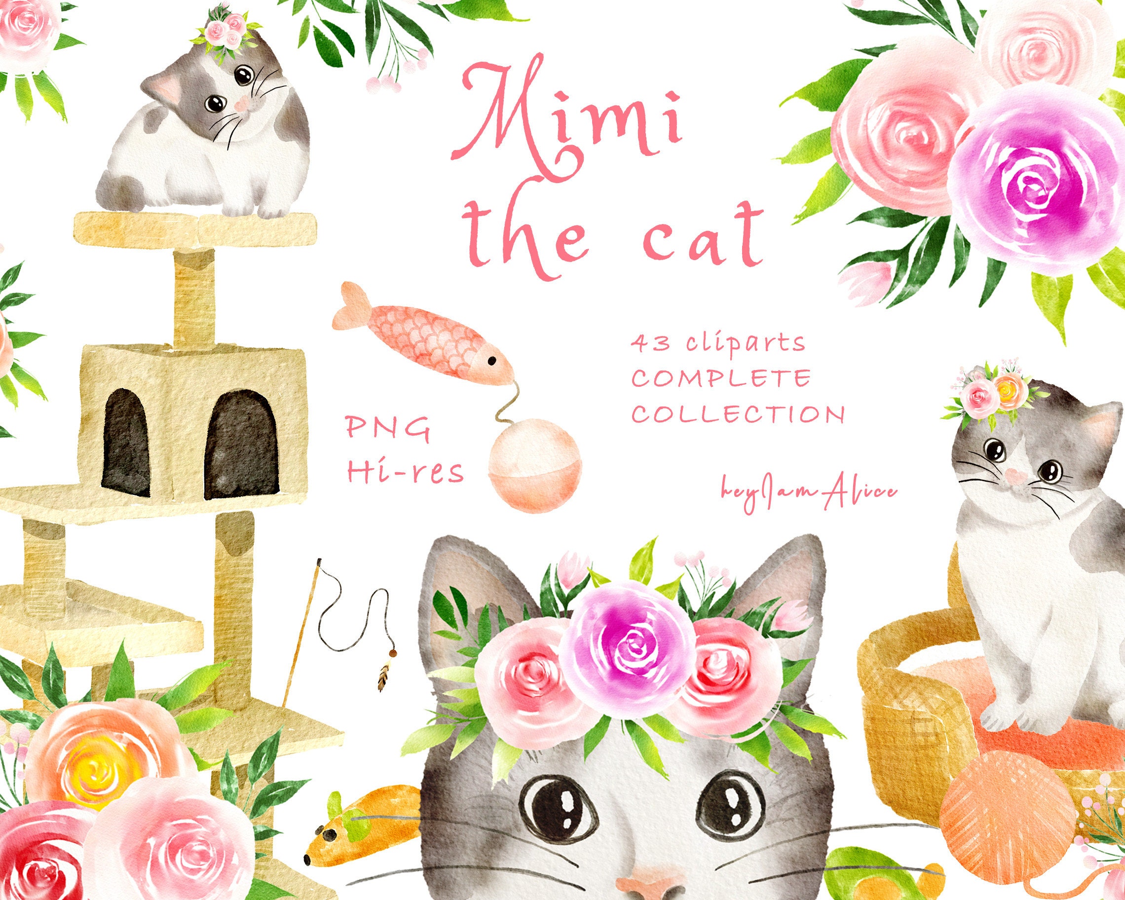 Cat watercolor clipart kitten clipart png FREE COMMERCIAL | Etsy