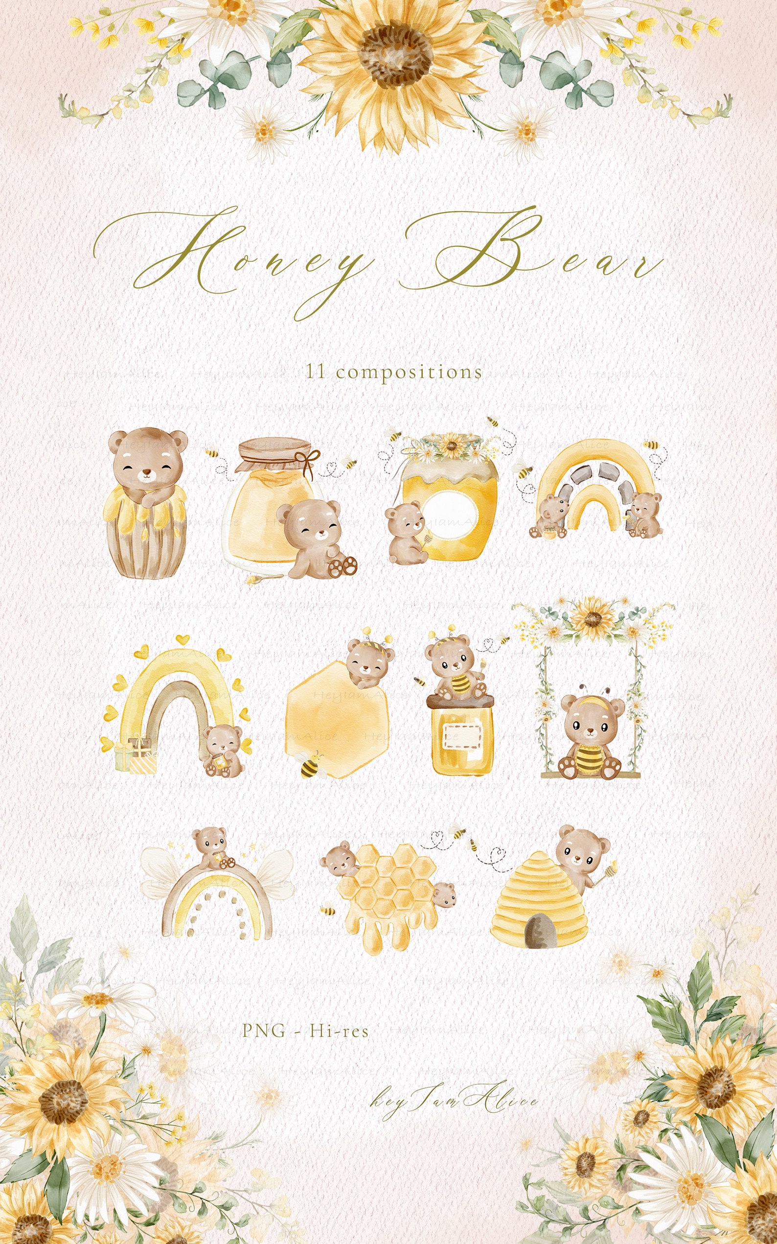 Bee and Honey Watercolor Clipart, Honey Bear Graphic PNG, Little Animal ...
