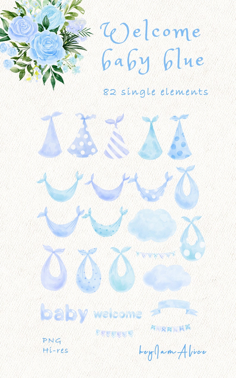 Welcome Baby Watercolor Clipart, Baby Animal, Nursery Blue, Gender ...