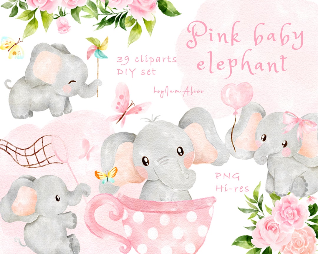 Baby Elephant Clipart, Pink Watercolor Elephant PNG, FREE COMMERCIAL ...