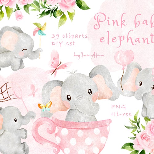 Baby Elephant Clipart Pink Watercolor Elephant PNG FREE | Etsy