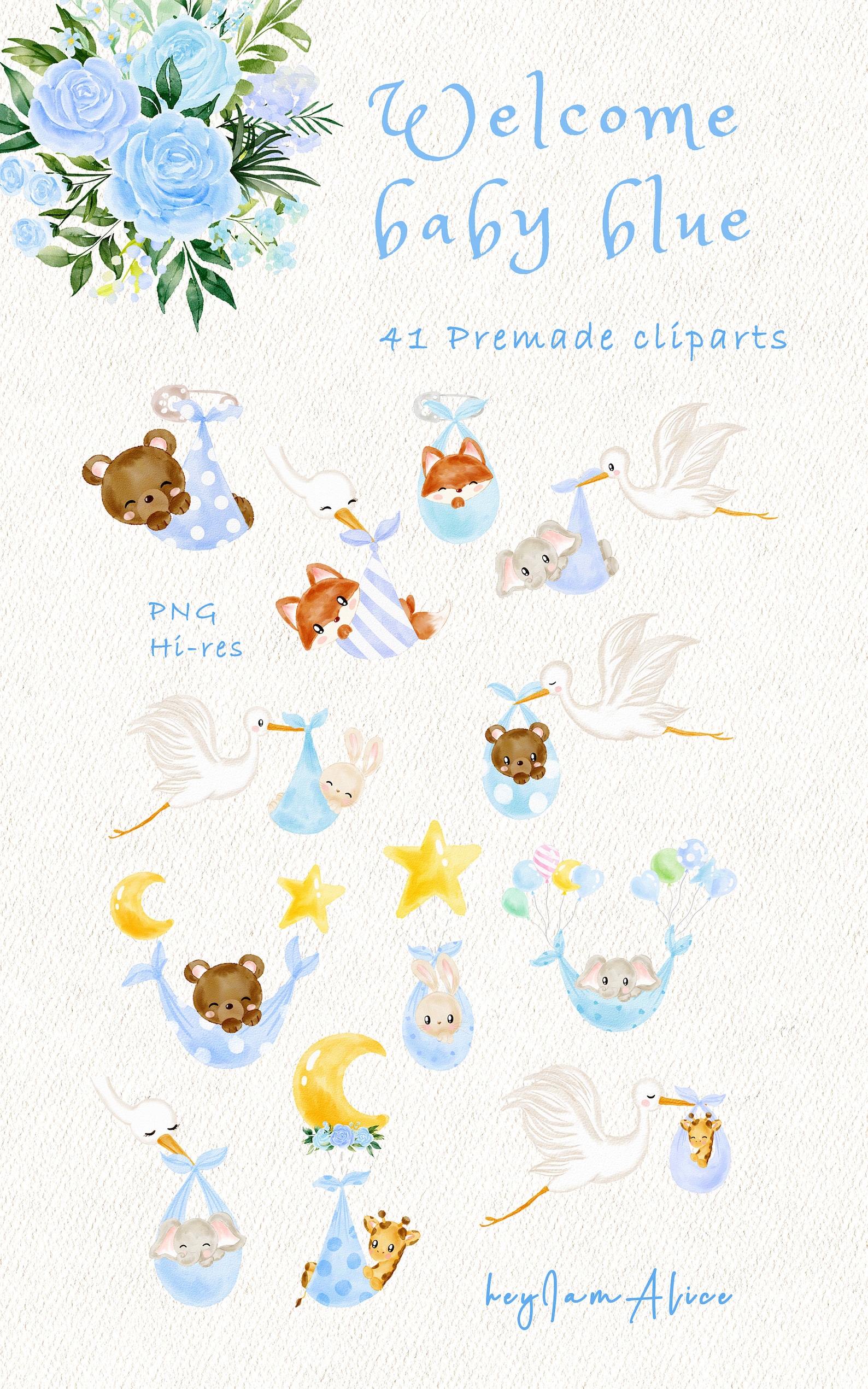 Welcome Baby Watercolor Clipart Baby Animal Nursery Blue - Etsy