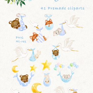 Welcome Baby Watercolor Clipart, Baby Animal, Nursery Blue, Gender ...