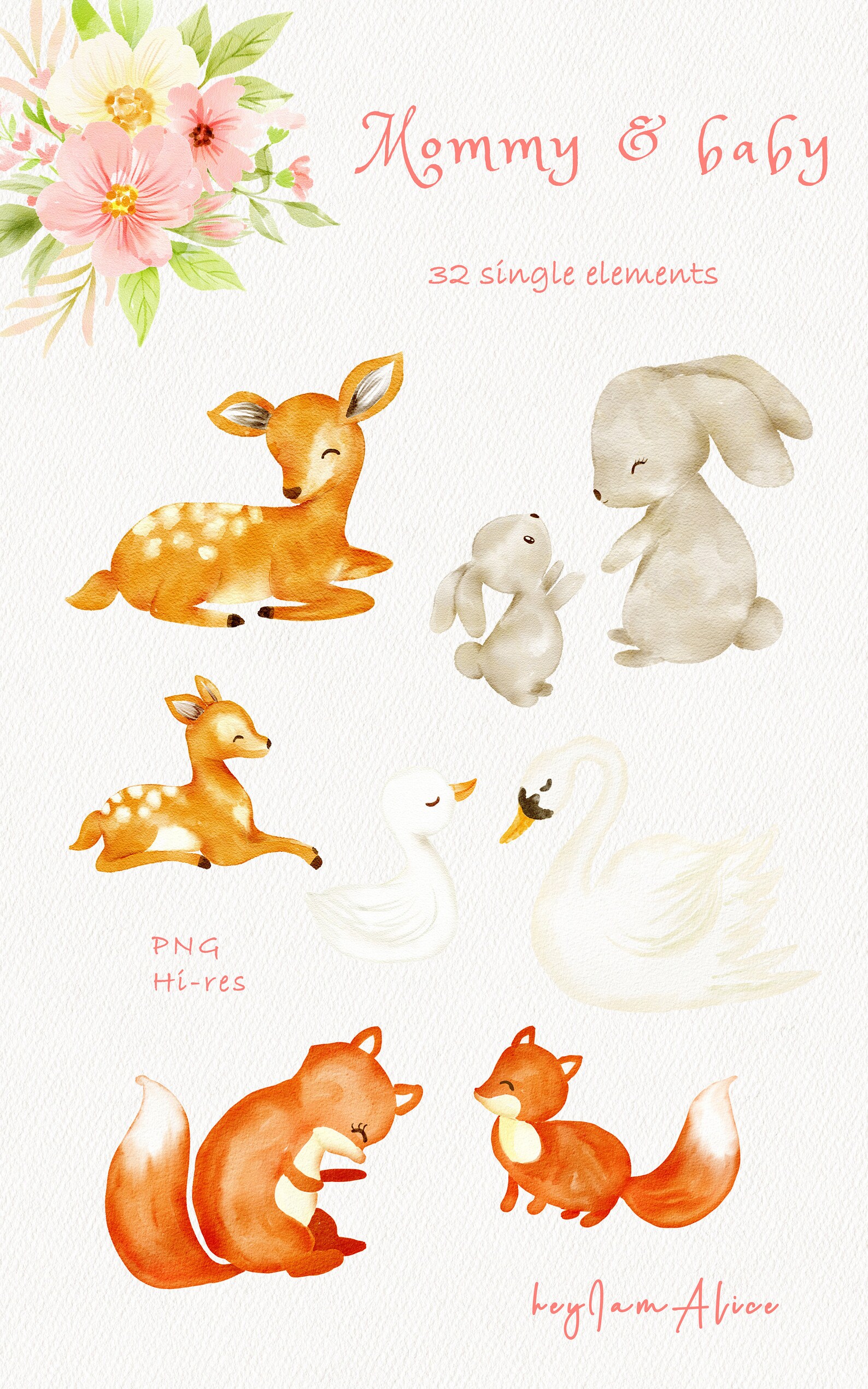 Mother and Baby Watercolor Clipart Mommy and Baby Animal | Etsy