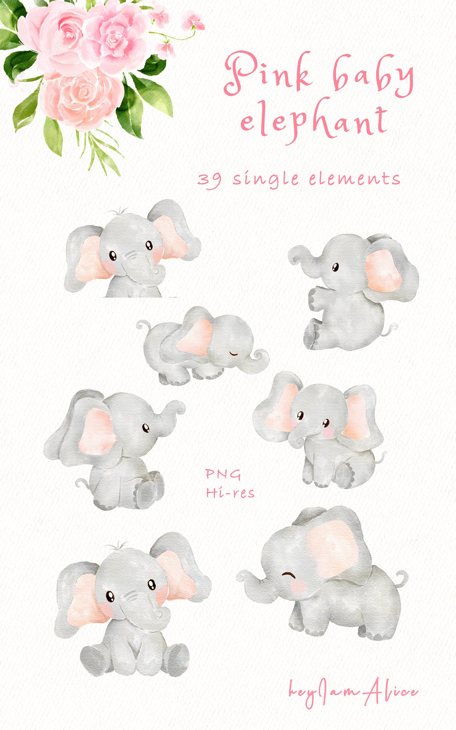 Baby Elephant Clipart Pink Watercolor Elephant PNG FREE | Etsy