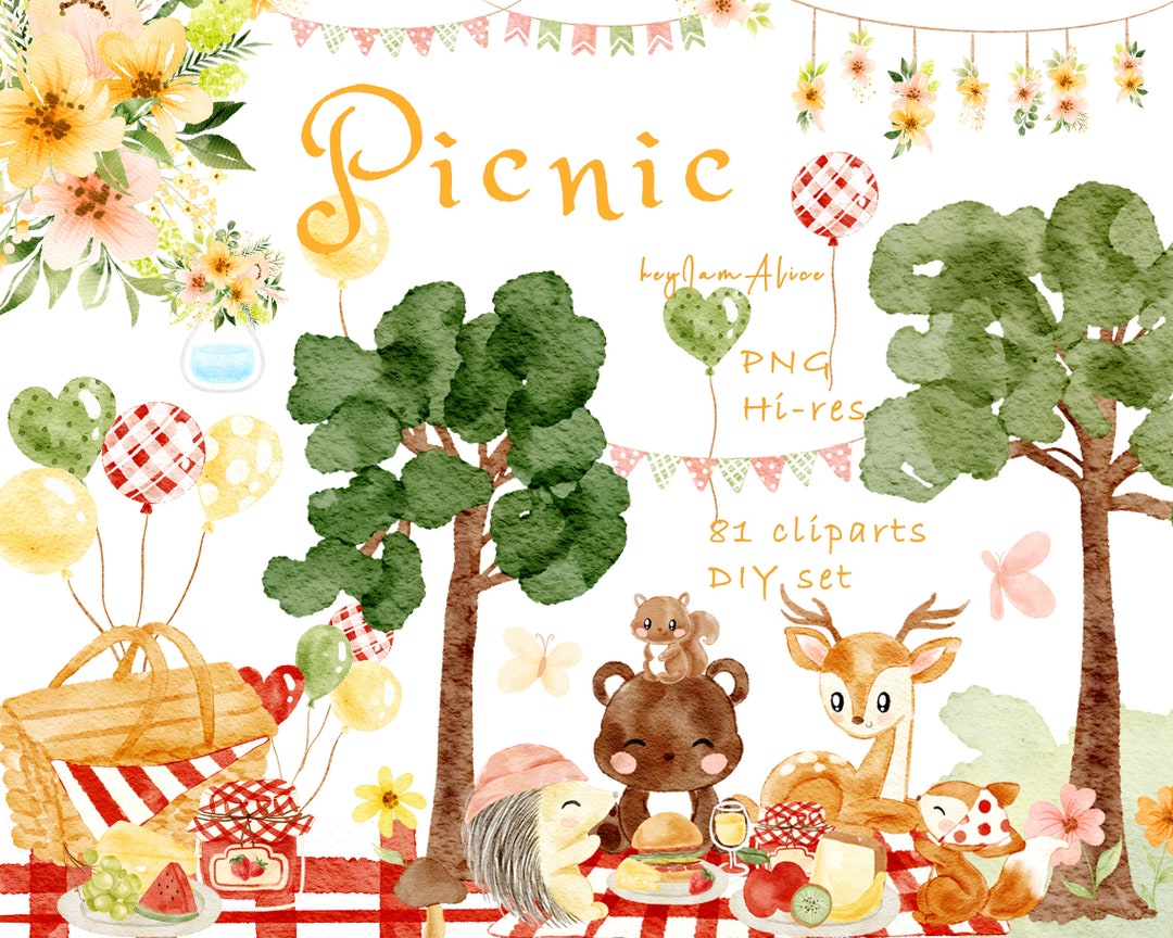 Picnic Woodland Animal Watercolor Clipart, Forest Baby Nursery, Cute ...
