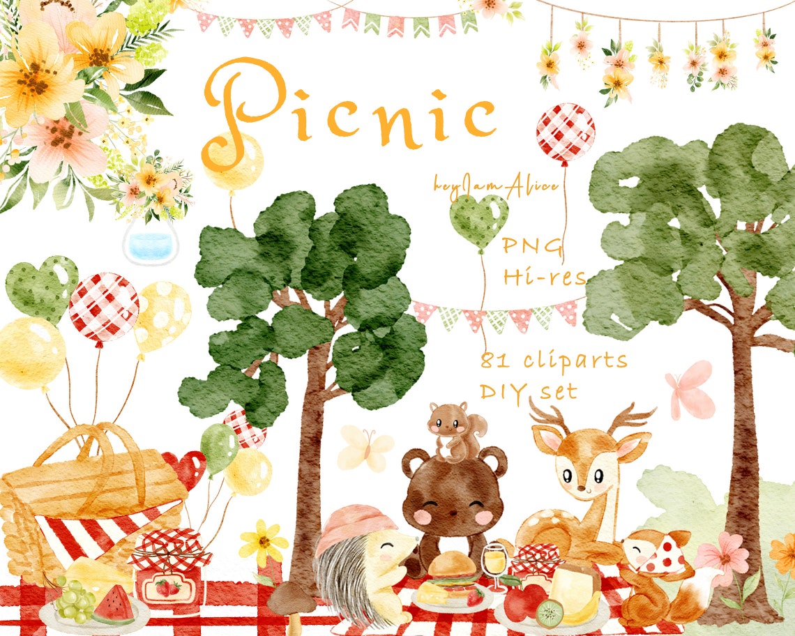 Picnic Woodland Animal Watercolor Clipart Forest Baby - Etsy