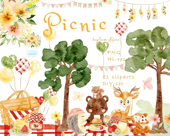 Picnic Woodland Animal Watercolor Clipart Forest Baby - Etsy