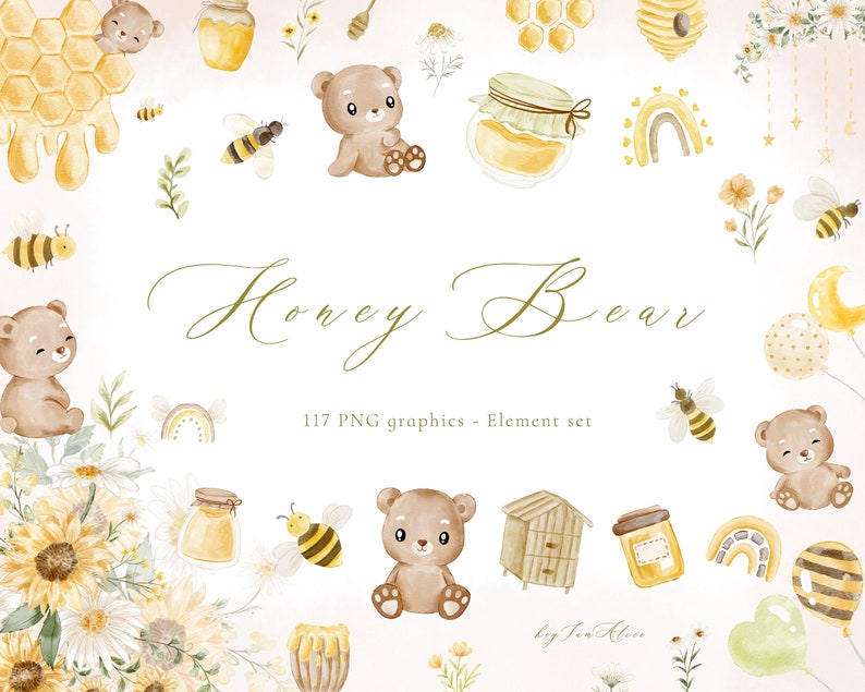 Bee and Honey Watercolor Clipart Honey Bear Graphic PNG - Etsy