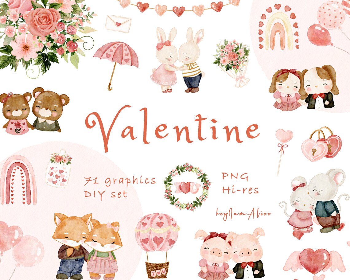 Valentine Watercolor Clipart PNG Animal Couple Graphic PNG | Etsy