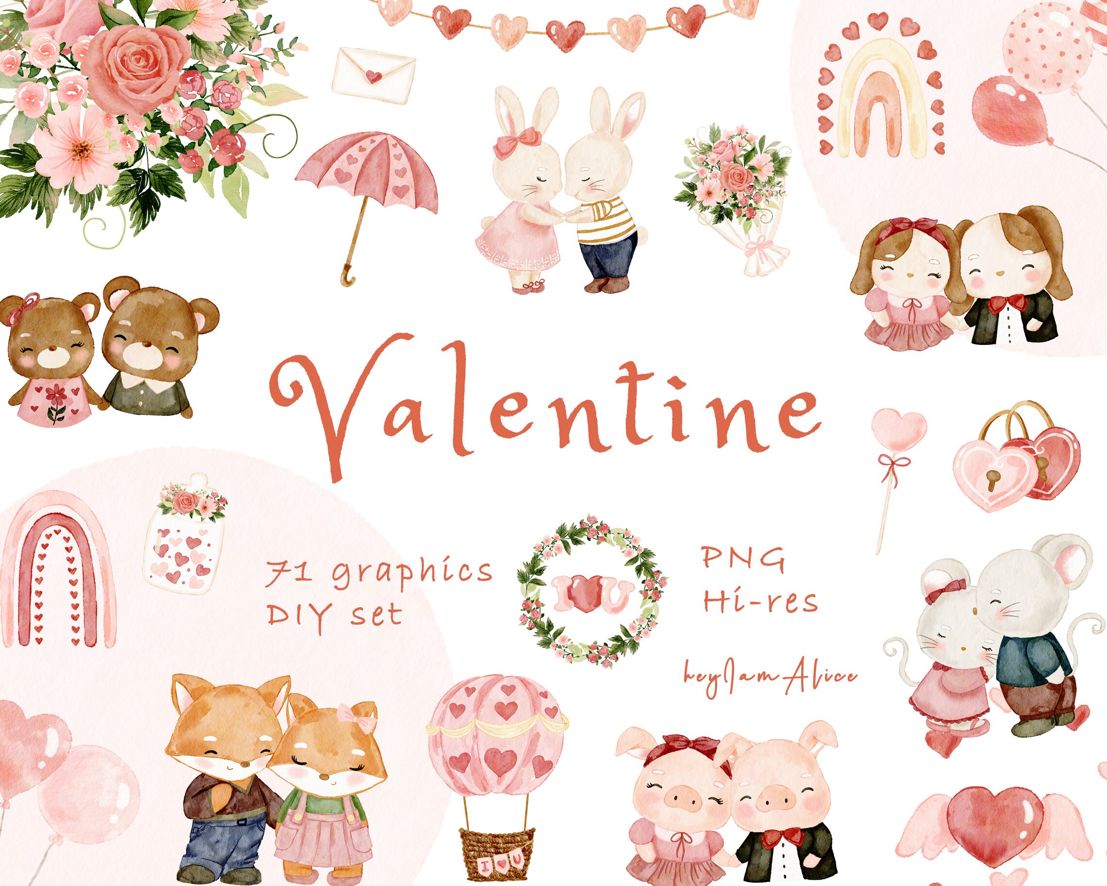 Valentine Watercolor Clipart PNG Animal Couple Graphic PNG | Etsy