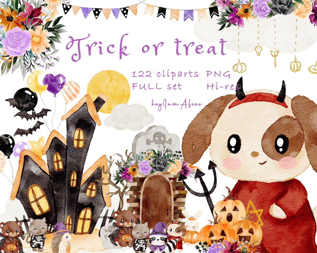 Halloween Watercolour Clipart, Trick or Treat Clipart, Baby Animal PNG ...