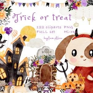 Halloween Watercolour Clipart, Trick or Treat Clipart, Baby Animal PNG ...