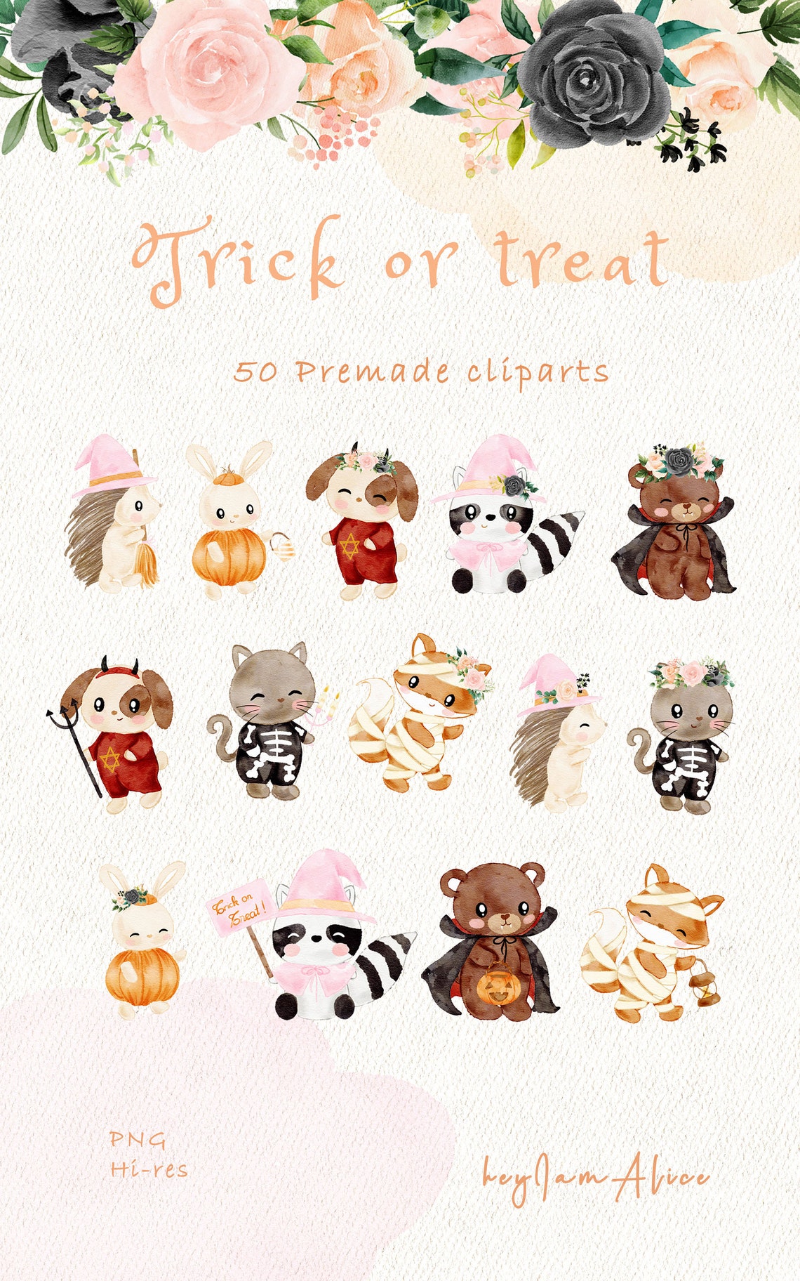 Halloween Watercolour Clipart Trick or Treat Clipart Baby | Etsy