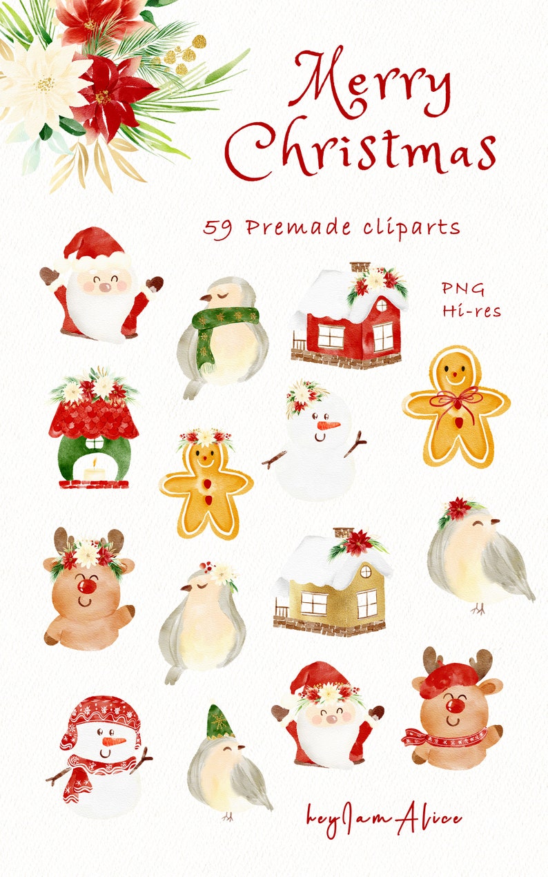 Christmas Clipart FREE COMMERCIAL Use Watercolor Merry X-mas - Etsy