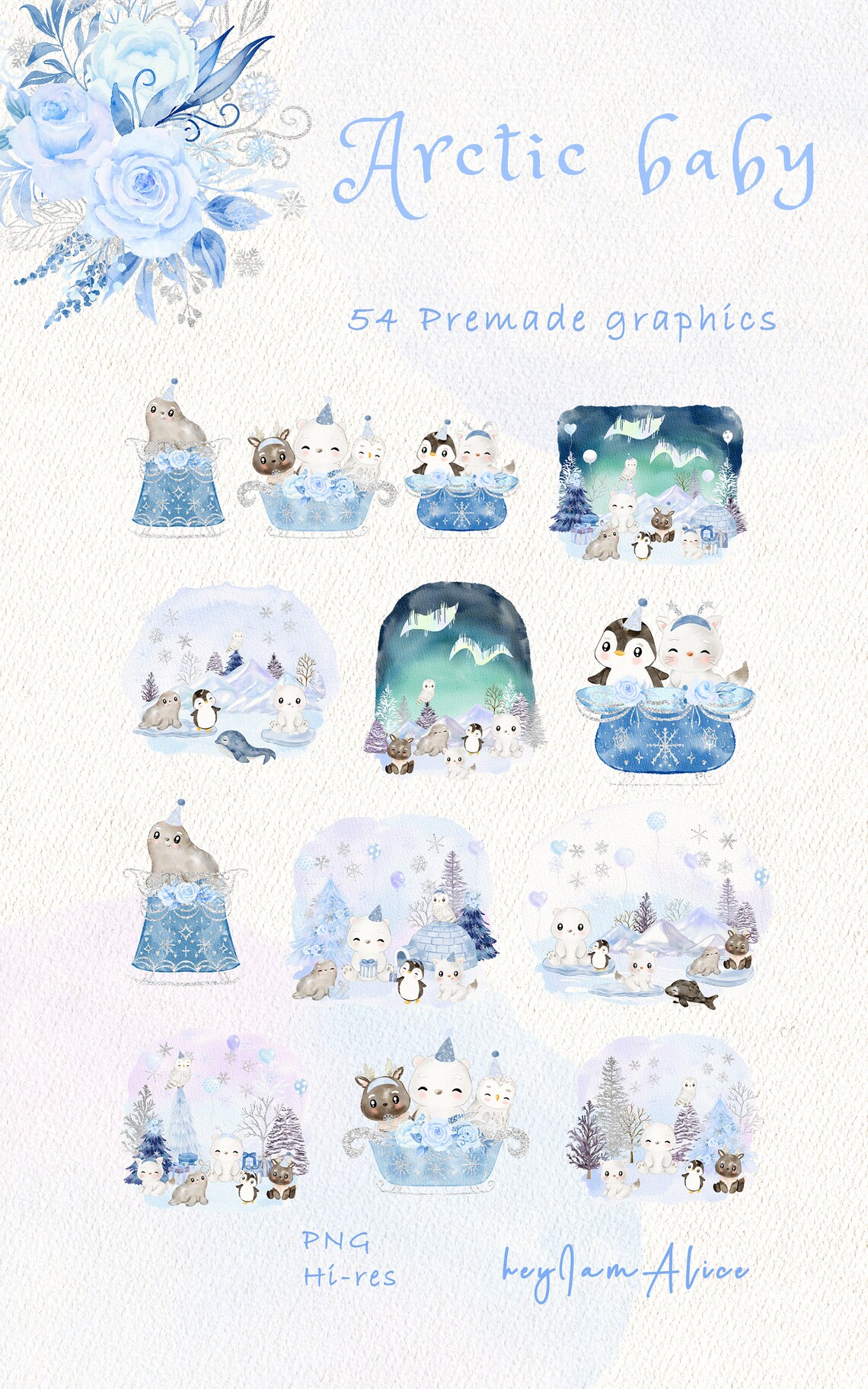 Arctic Animal Watercolor Clipart, Winter Holiday Graphic, Baby Polar ...