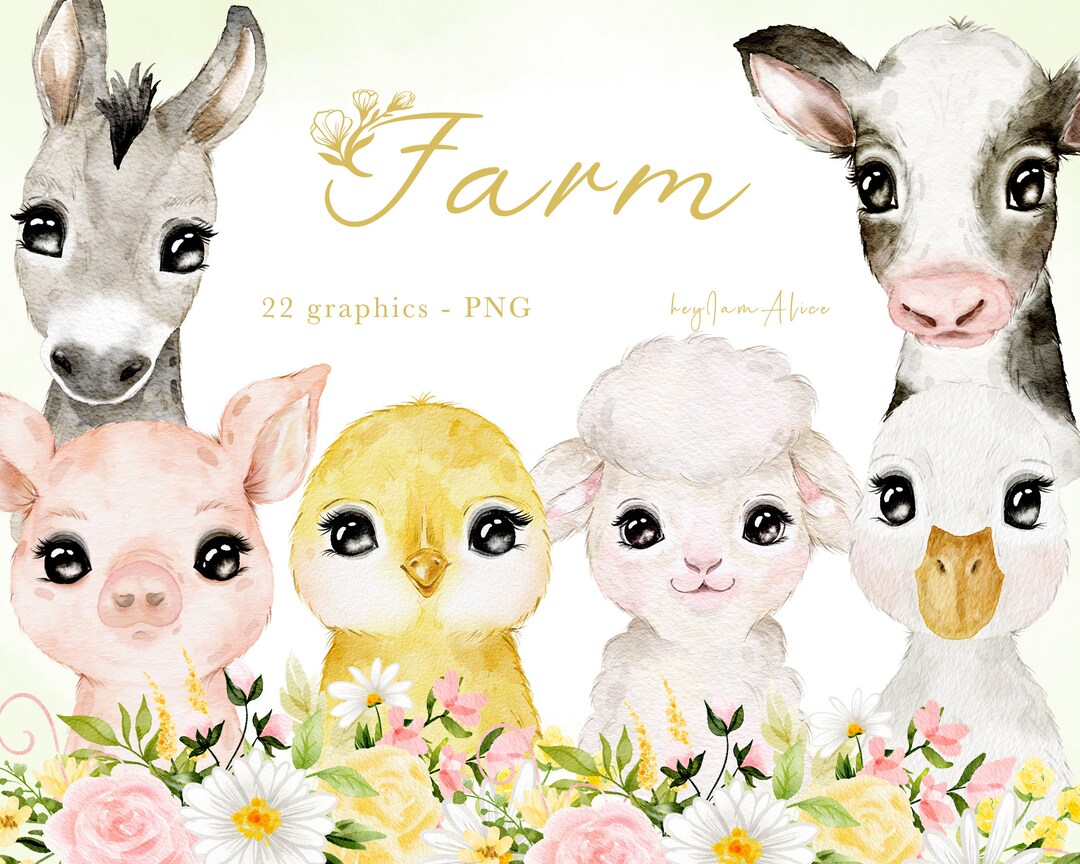Farm Animal Watercolor Clipart, Farm Baby Nursery, Farm Animal Portrait ...