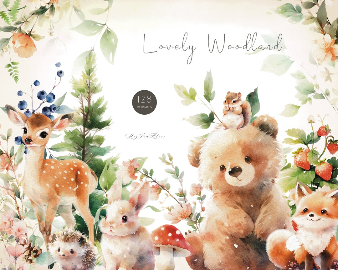Woodland Cute Animal Watercolor Clipart, Forest Baby Nursery, Adorable ...