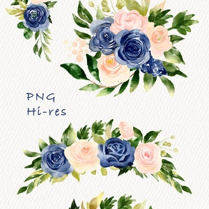 Navy Blush Flower Watercolor Clipart, FREE COMMERCIAL Use, Pink Floral ...