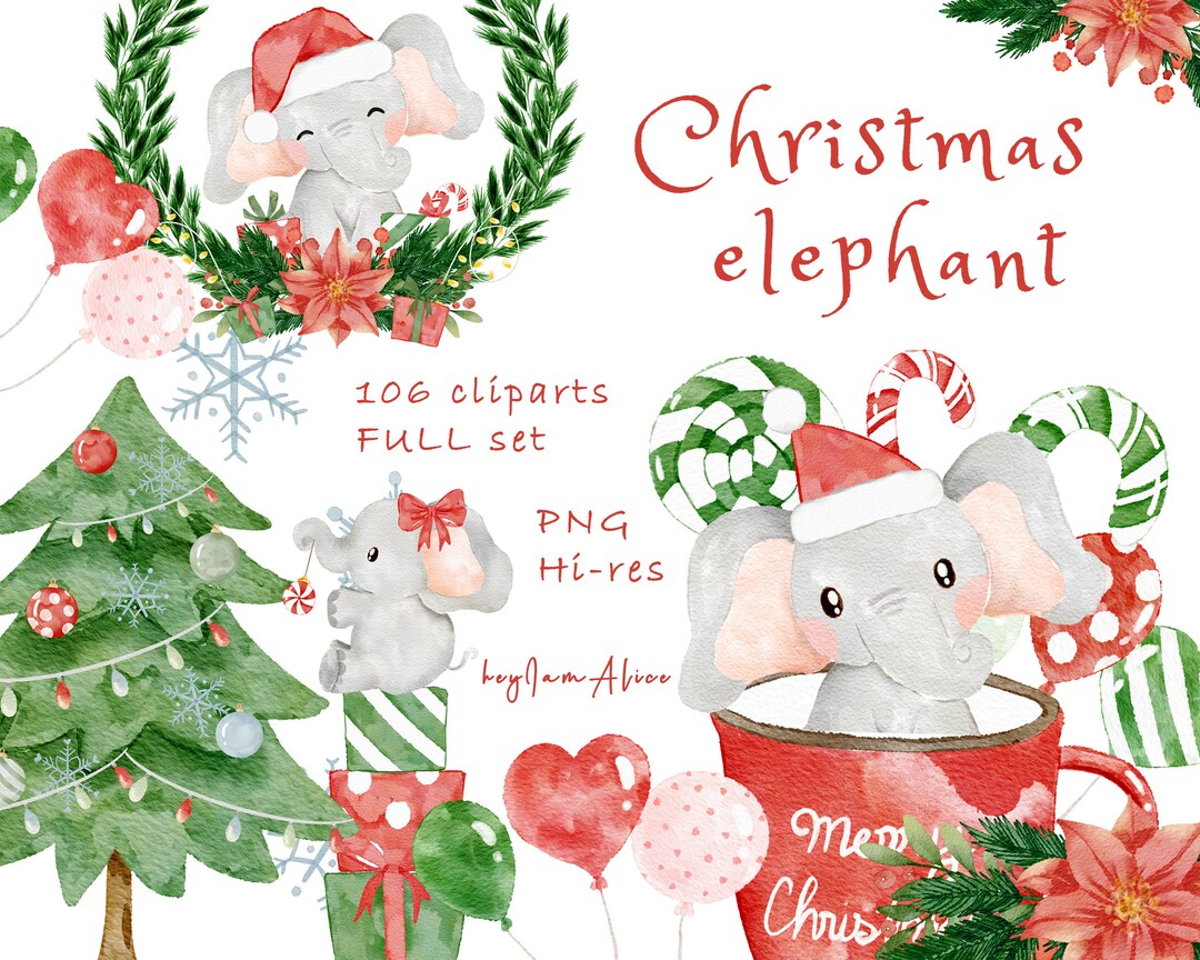 Baby Elephant Christmas Clipart PNG, Holiday Watercolor Elephant PNG ...