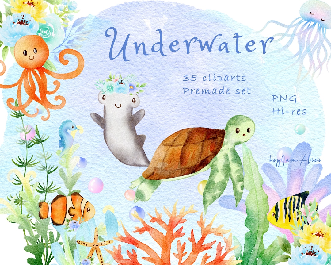 Underwater Clipart, Watercolor Sea Animal Clipart, FREE COMMERCIAL Use ...